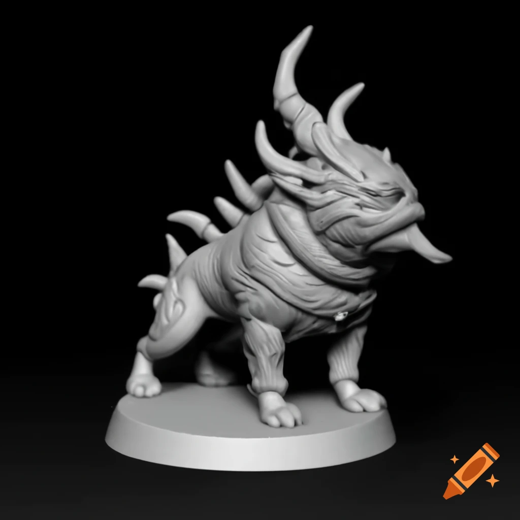 Unpainted tabletop miniature of a pug with slight demonic features from ...