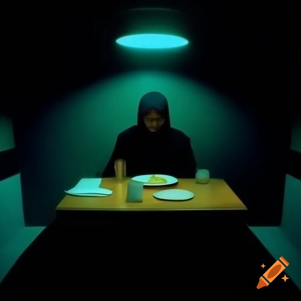 Man sitting alone at table with half-eaten plate of food in dark moody ...