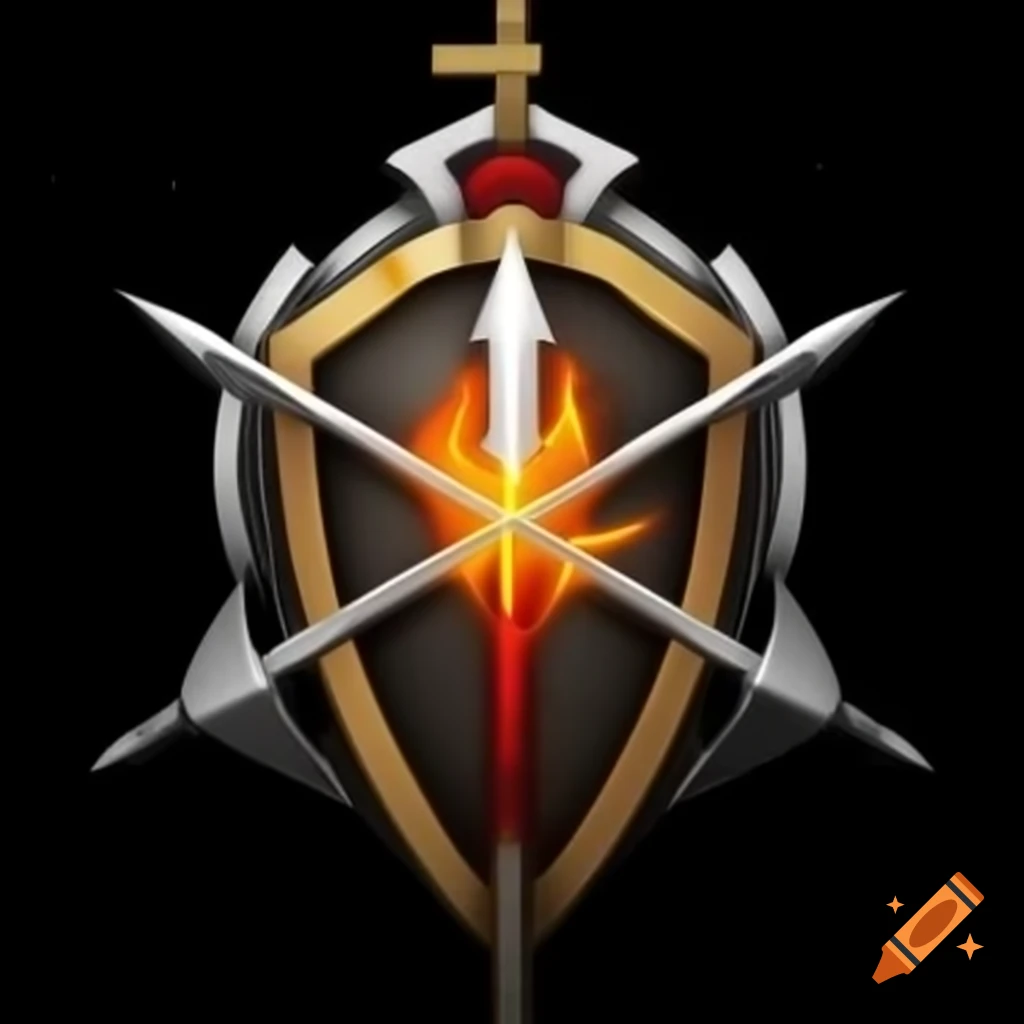 Emblem with shield, fire axe, lightning bolt, and sword, symbolizing ...