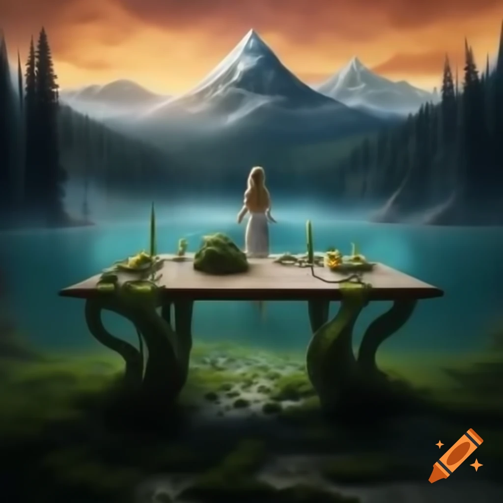 Surreal realm with porcelain fairy goddess transforming into lemon ...