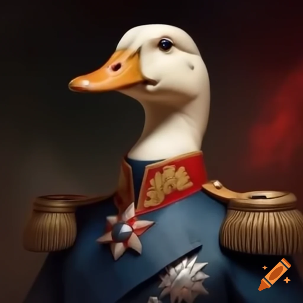 Duck dressed as general leading a legion of ducks at sunrise on Craiyon