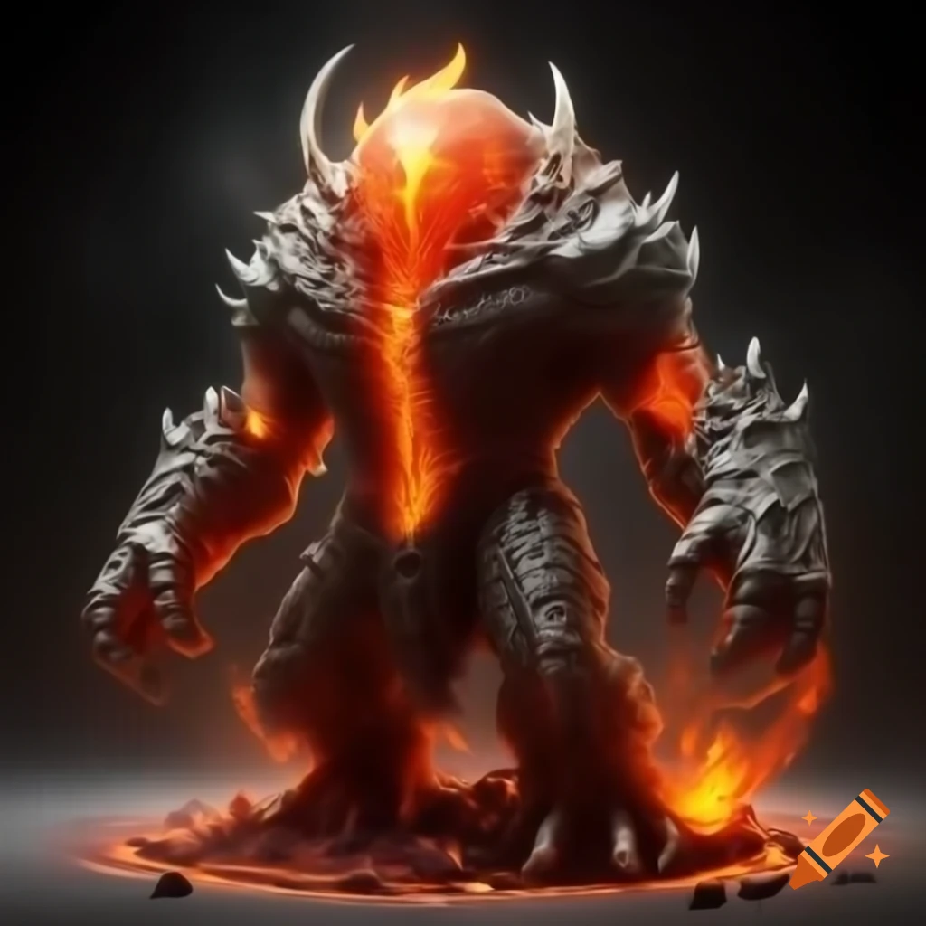 Elemental boss creature made of molten iron and lava with glowing runes on Craiyon