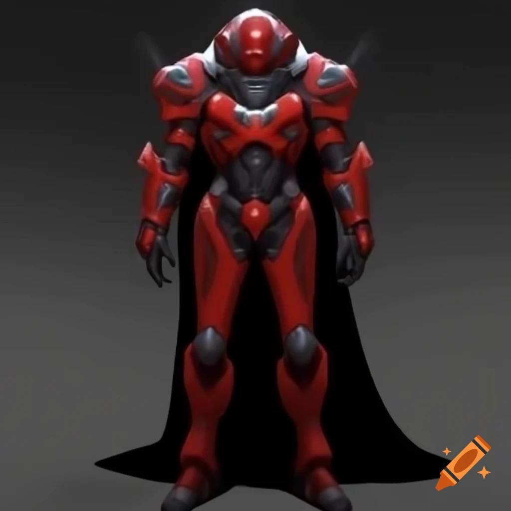 Cyborg supersoldier in red and black armor with abstract helmet design ...