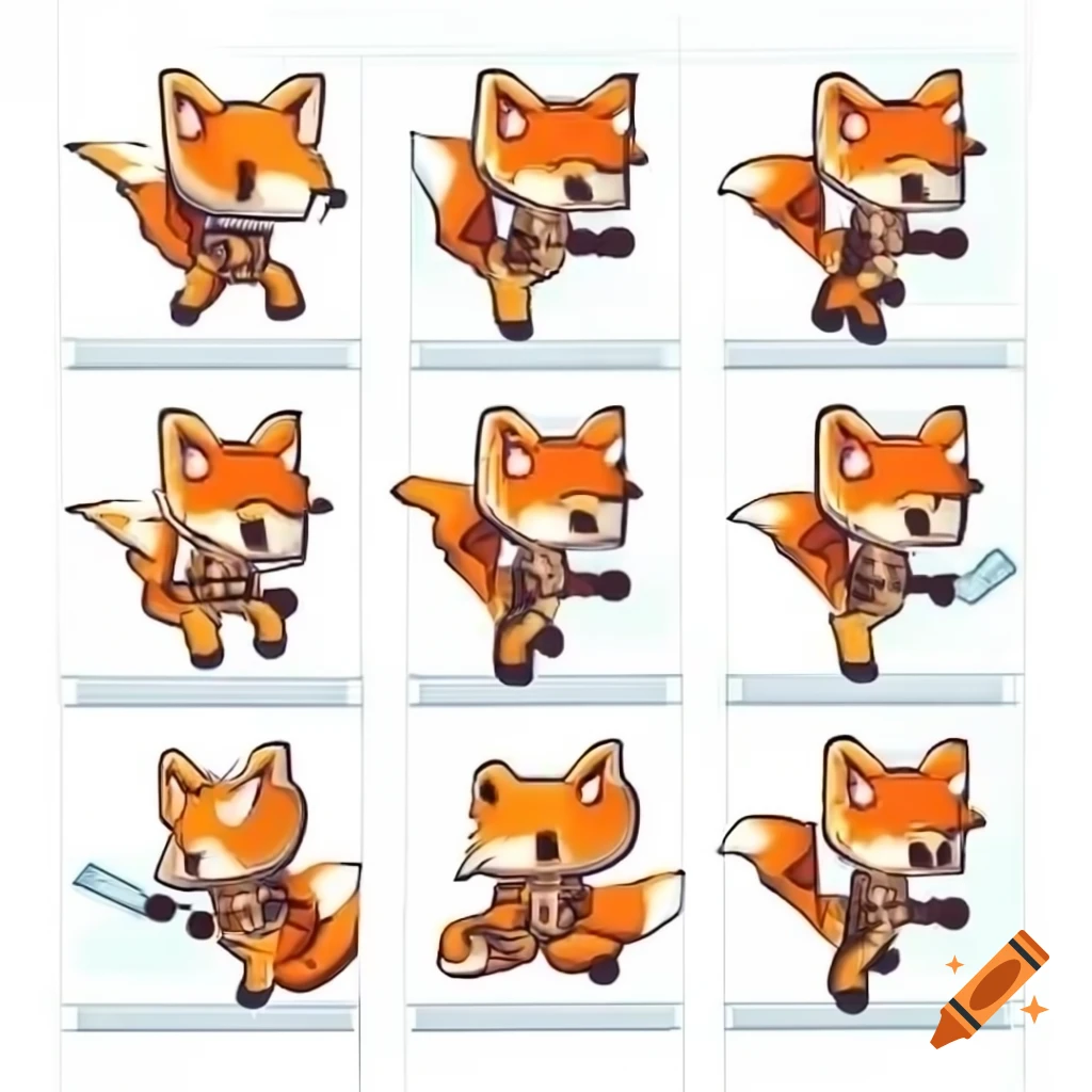 Pixel art sprite sheet of anthropomorphic fox warrior with 8 directional animation frames on Craiyon