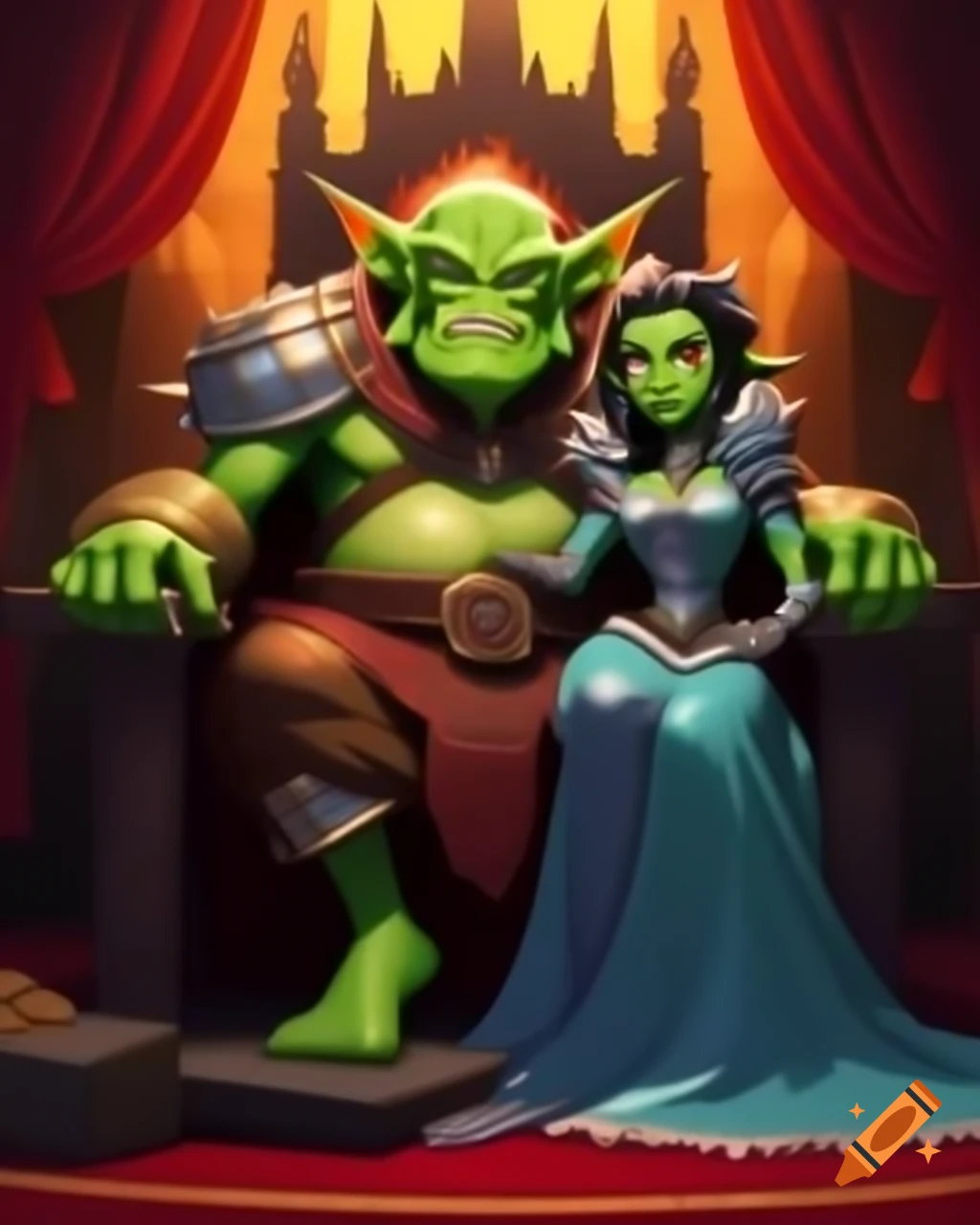 Goblin king and queen posing in throne room with smug expressions on ...