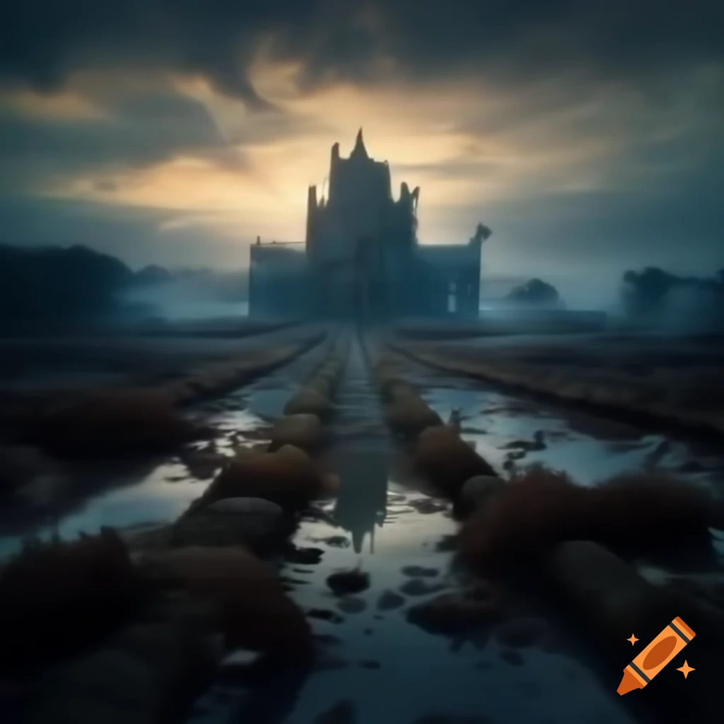 Cinematic shot of misty abandoned battlefield at dusk with broken ...