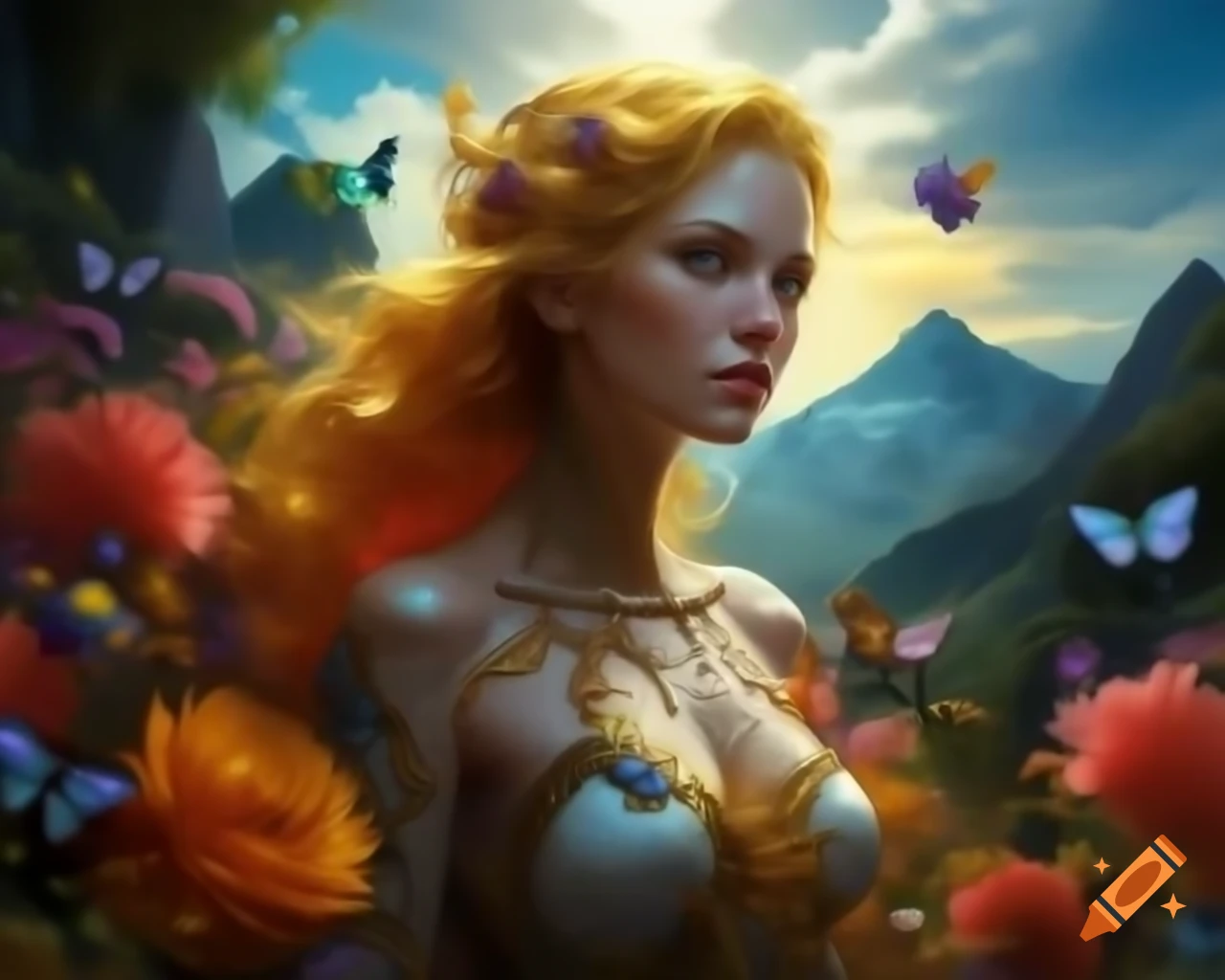 Hyper-realistic woman with golden hair in surreal landscape with flowers and mystical creatures ...