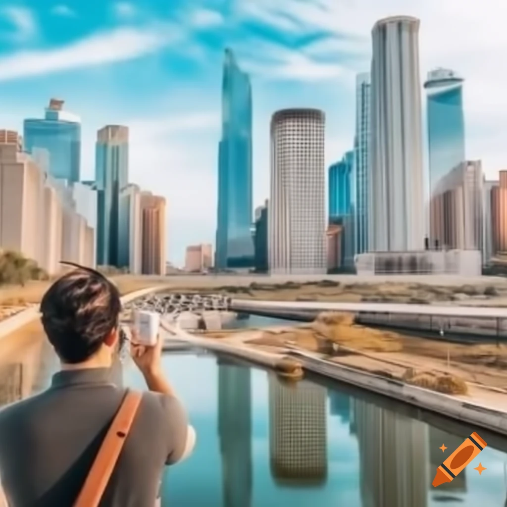 Futuristic cityscape in 2050 featuring large buildings, parks, and a ...