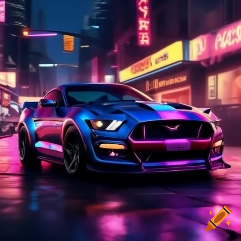 Mustang GT500 in neon-lit city at night on Craiyon