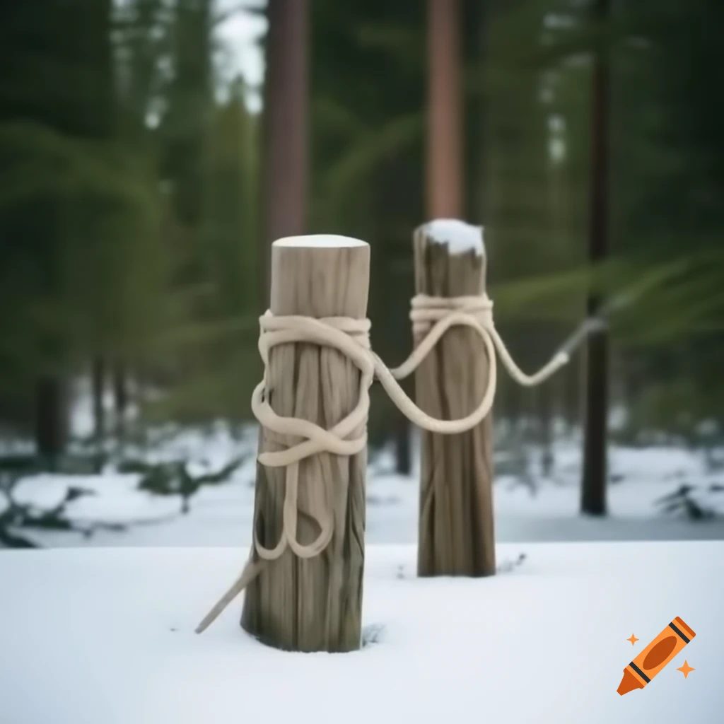 Wooden poles with rope in snowy forest with pine trees on Craiyon