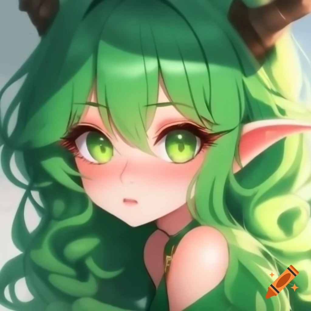 Anime girl with green hair and elf ears, heart-shaped hair pick, black ...
