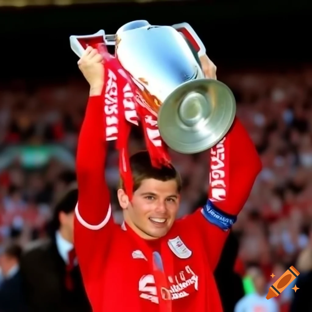 Steven Gerrard lifting Premier League trophy in Liverpool kit on Craiyon
