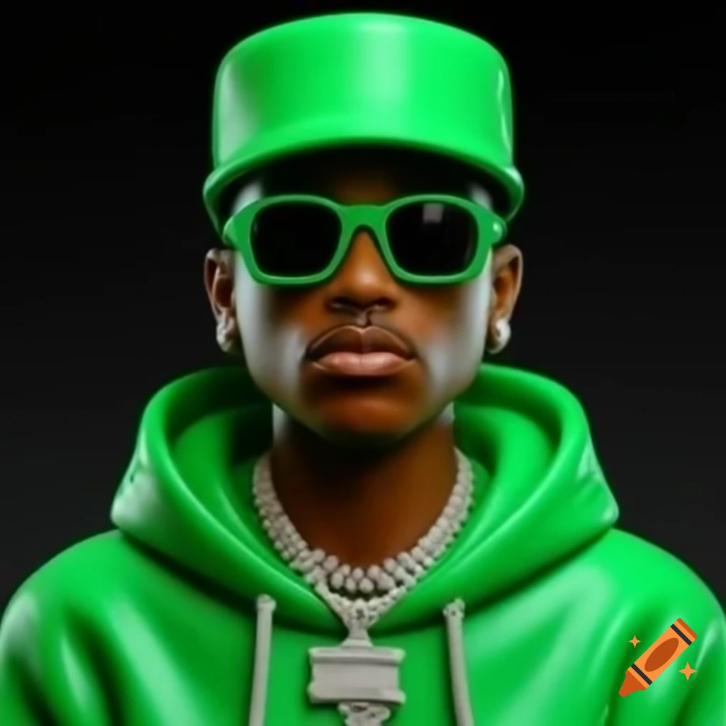 Vinyl figure of a rapper with sunglasses in green tones on Craiyon
