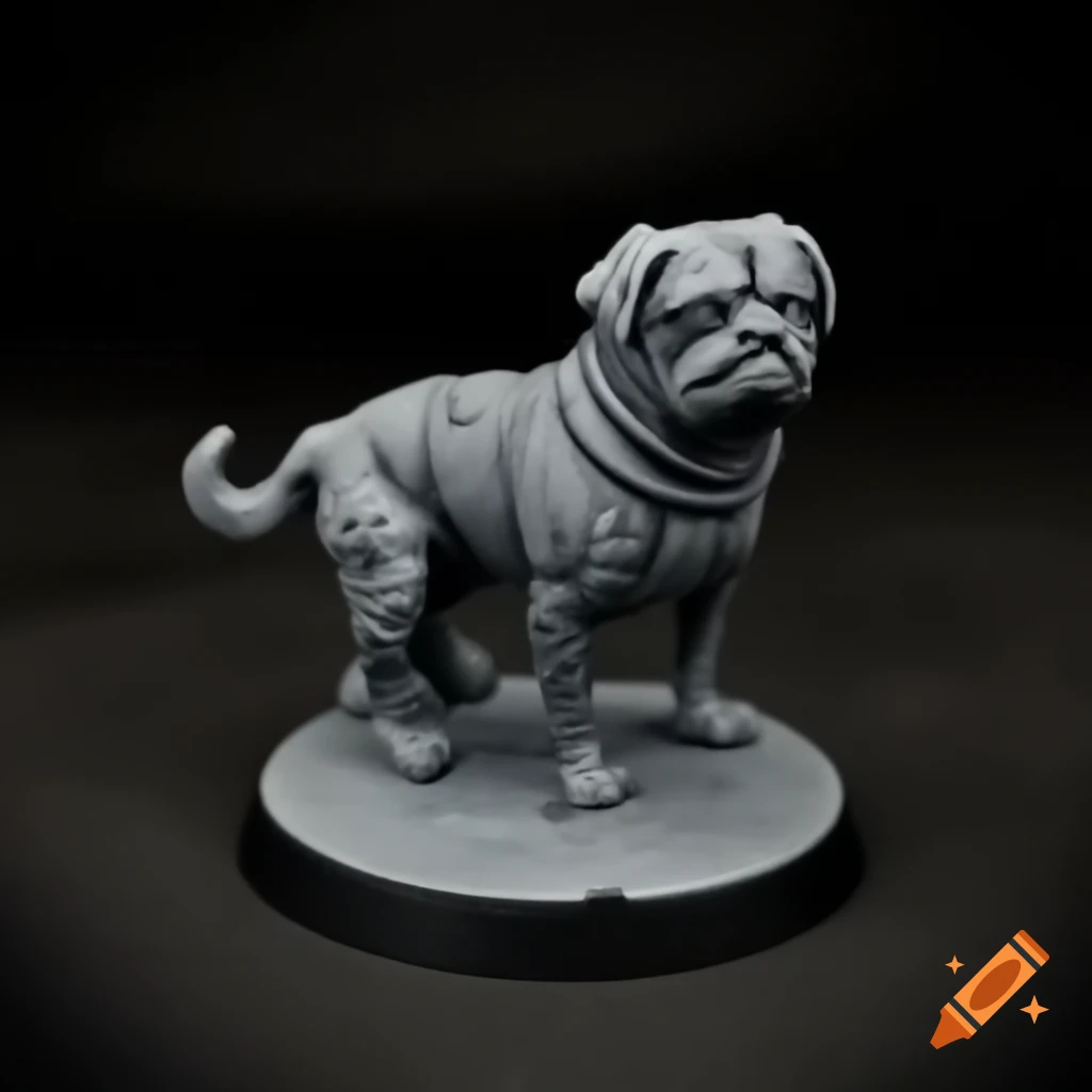 Unpainted tabletop miniature of a pug with slight demonic features from ...