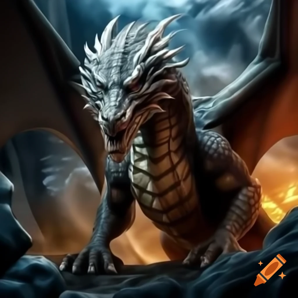 Dramatic huge silver-scaled dragon viewed from distance in a mine on ...