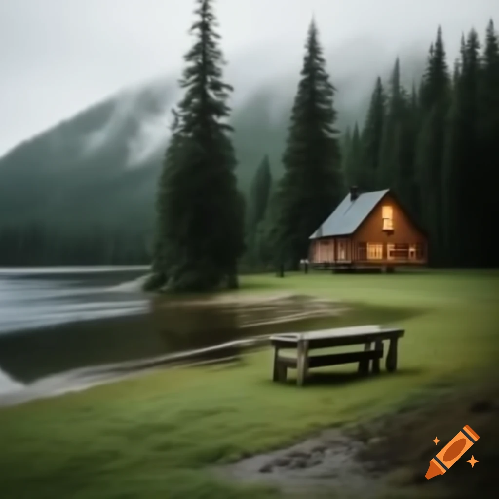 Rainy cabin house near forest and lake, with bench in front on Craiyon