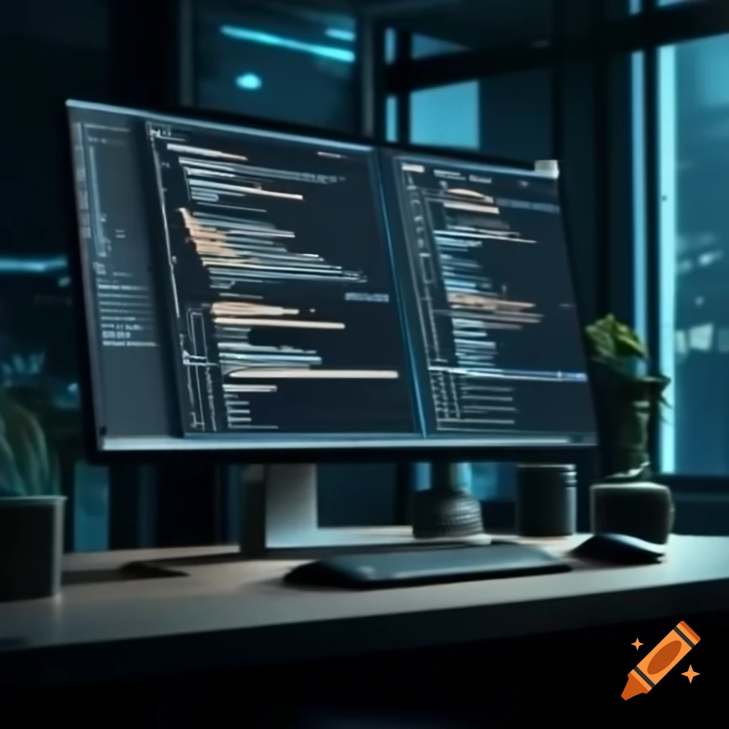 Modern tech workstation with luminescent code and digital creativity on ...