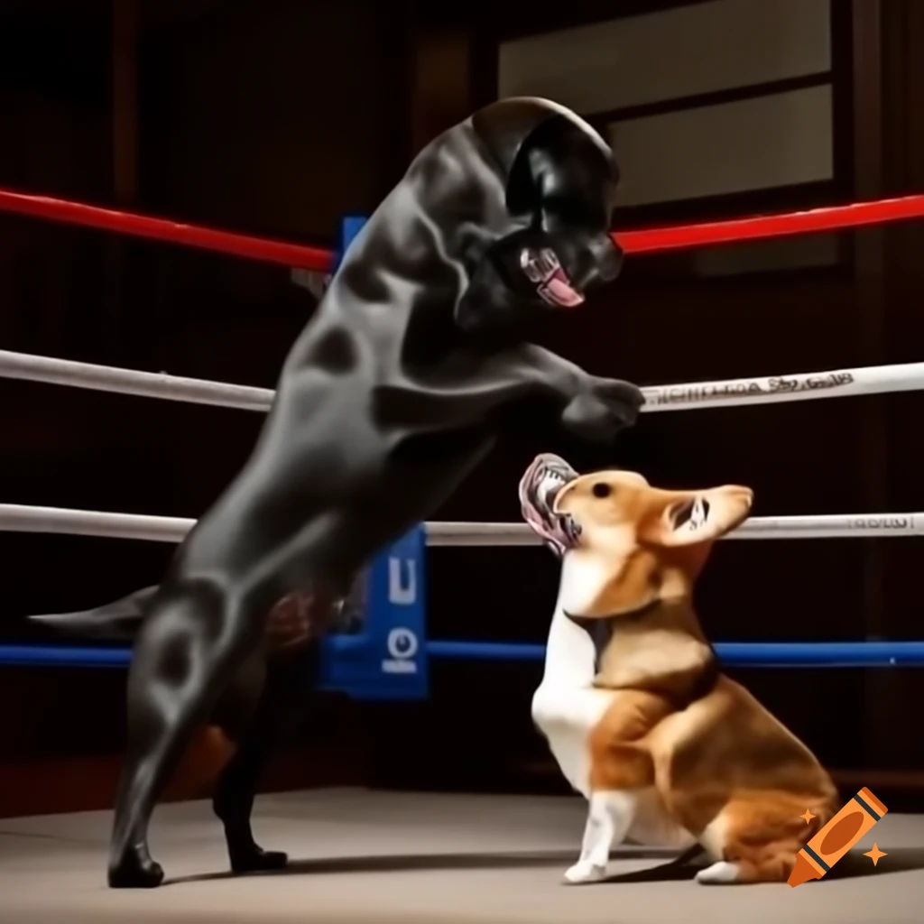 Black Labrador and corgi playfully squared off in boxing ring on Craiyon