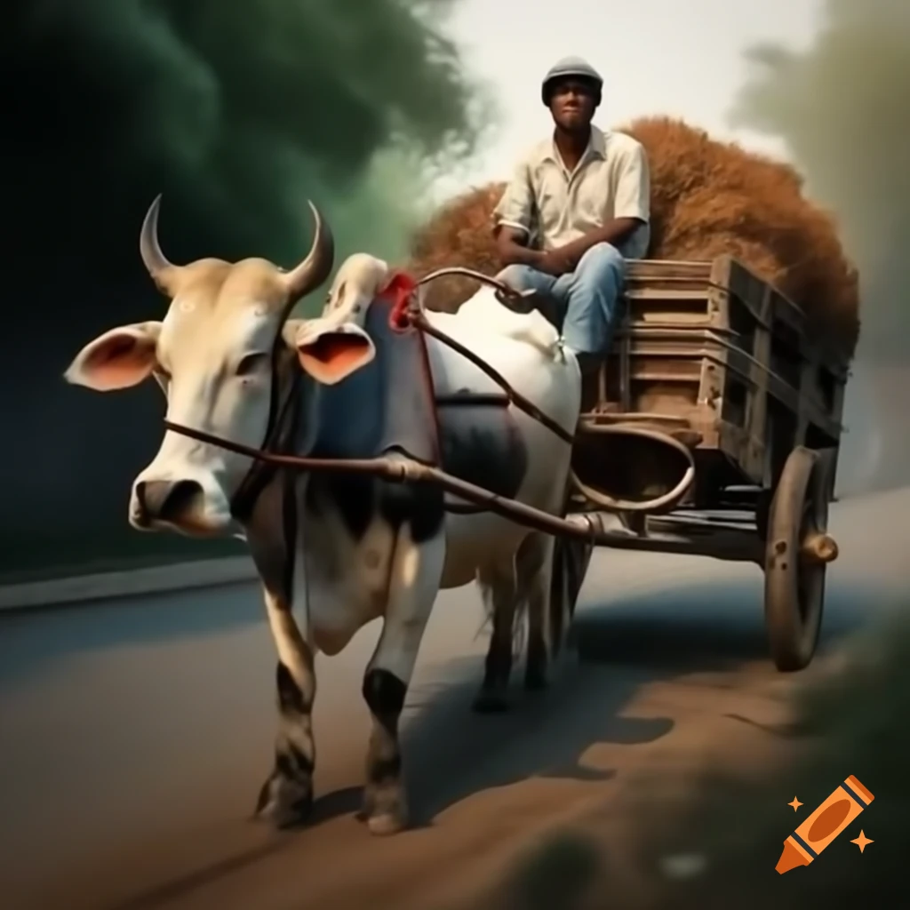 South Indian farmer on bull cart with two oxen in realistic style on ...