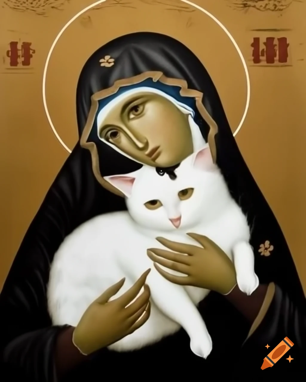 Realistic orthodox icon style cat depicted with glory on Craiyon