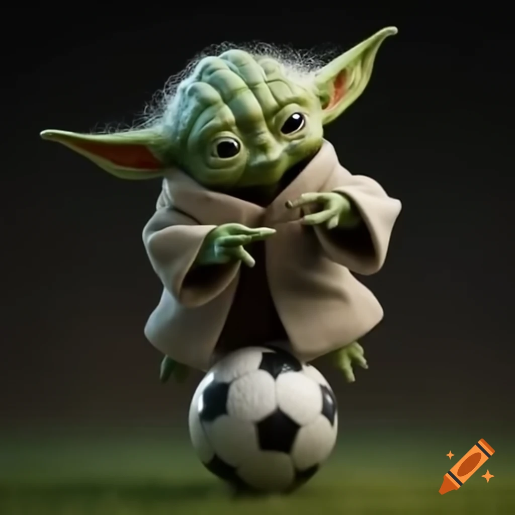 Master Yoda levitating above a soccer ball using the Force on Craiyon