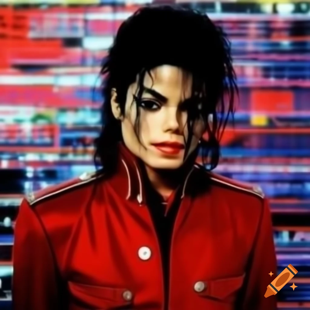 Glitch art featuring a headless Michael Jackson in a red jacket on Craiyon