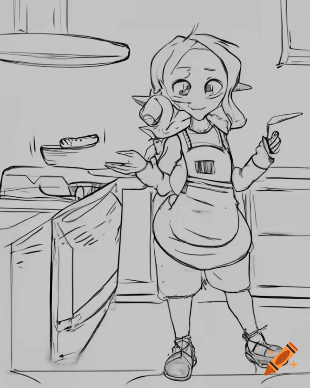 Playful female Cthulhu character hosting cooking show in modern kitchen ...