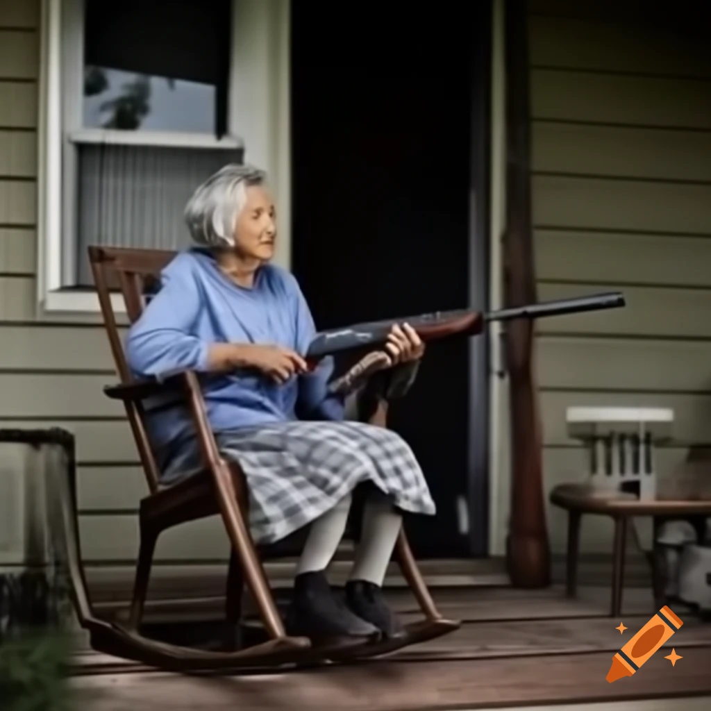 Elderly woman with grey hair in rocking chair on porch holding shotgun ...