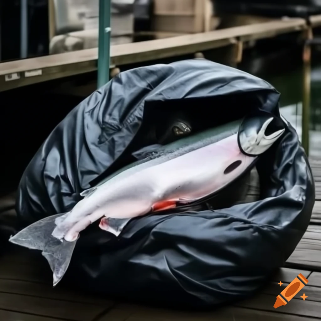 Large salmon sealed in black plastic bag on dock on Craiyon