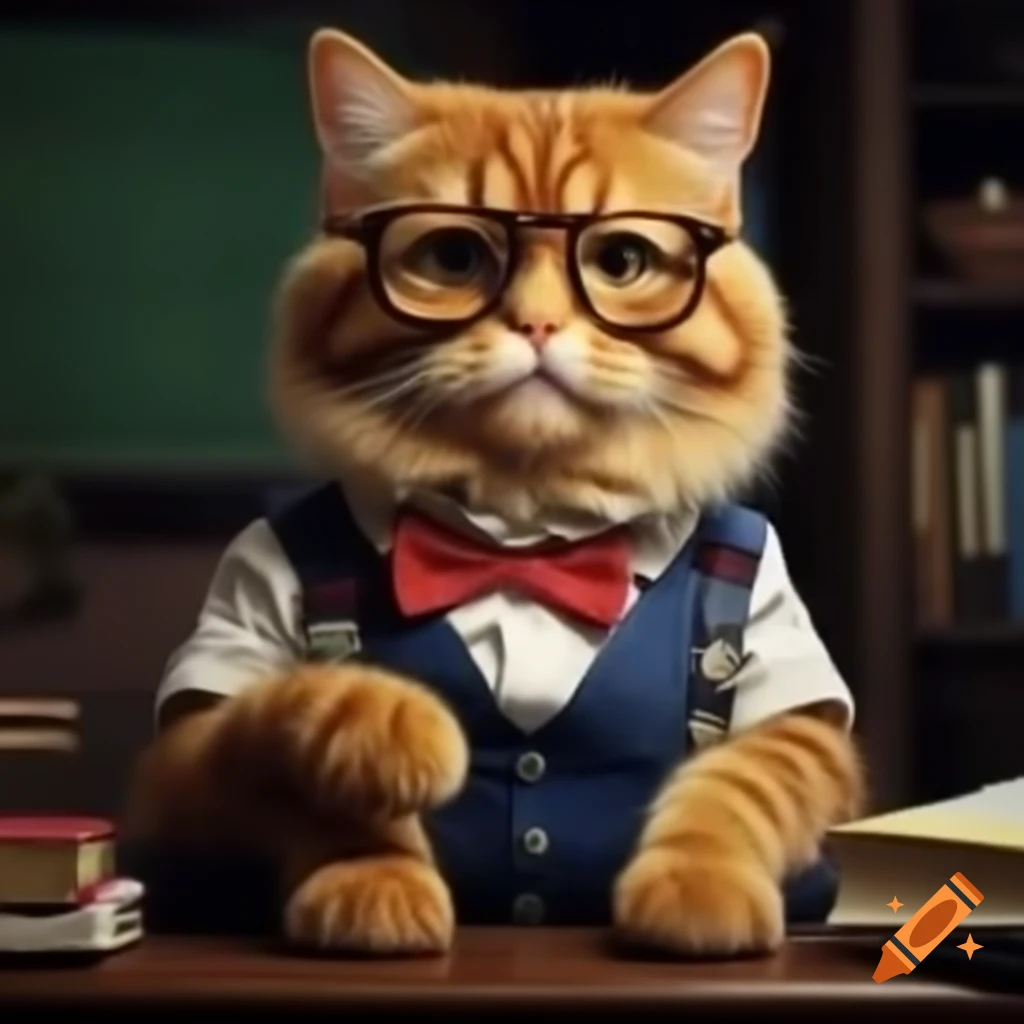 Ginger cat dressed as a teacher with glasses and books on Craiyon