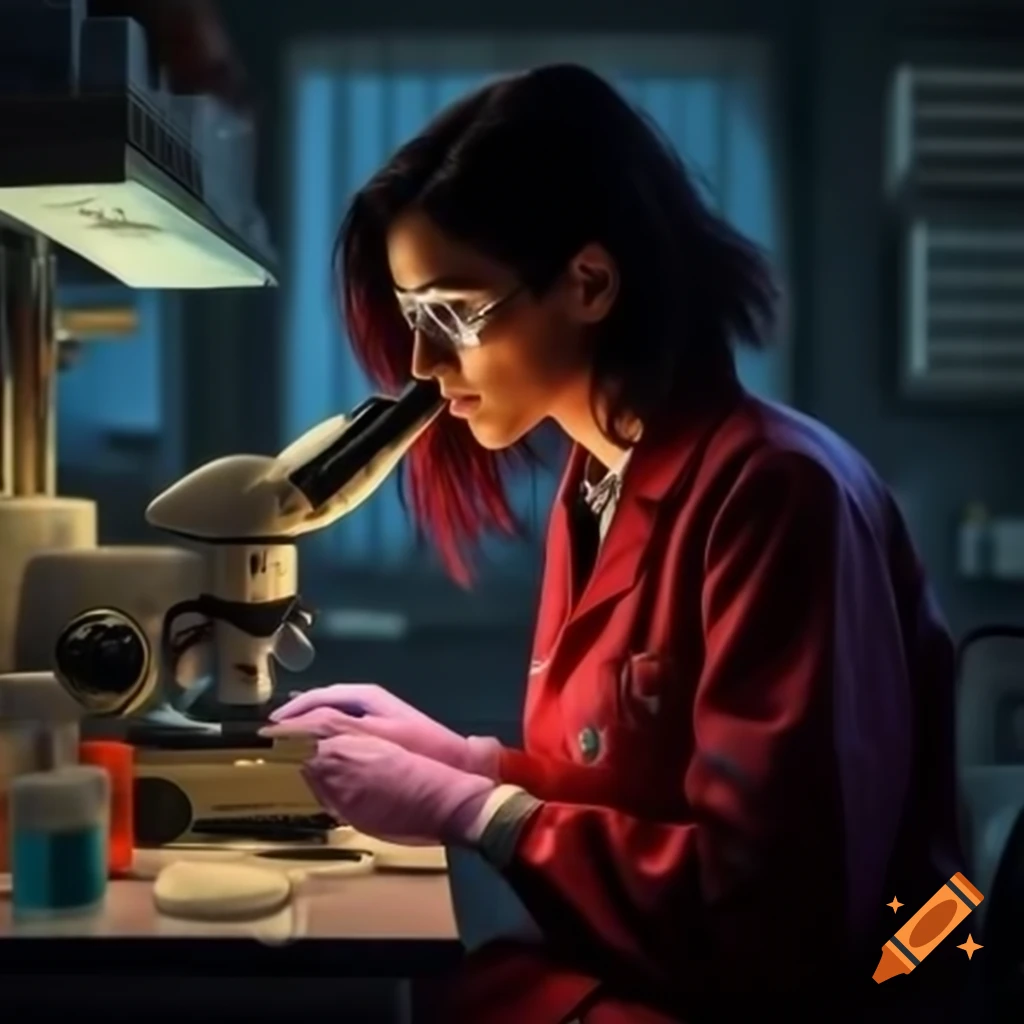 Realistic pathology laboratory with woman in burgundy lab coat operating microtome on Craiyon