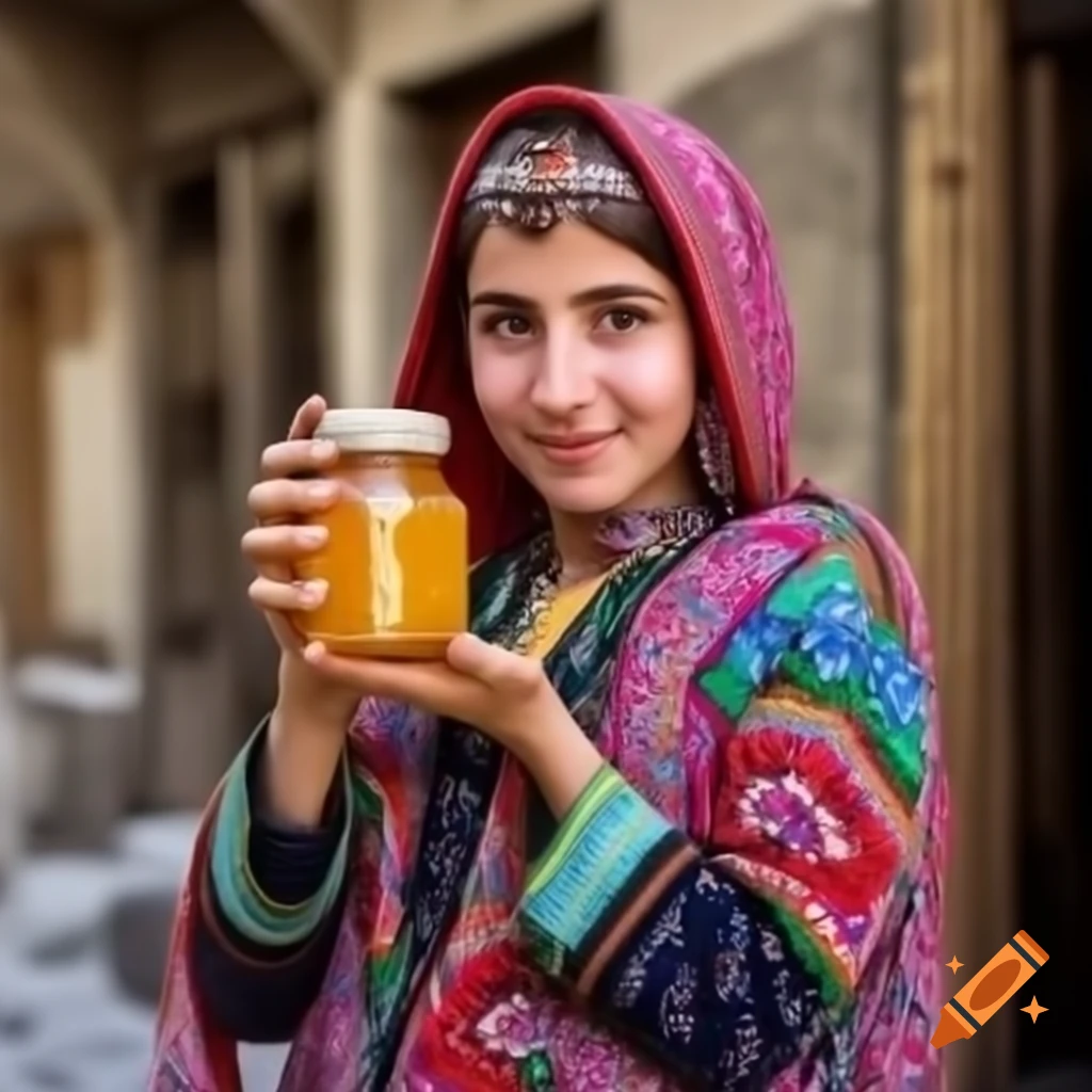 Young woman in traditional Iranian clothing holding jar of honey on Craiyon
