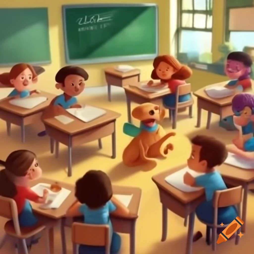 Humorous classroom scene with dog teaching math and kids laughing on ...