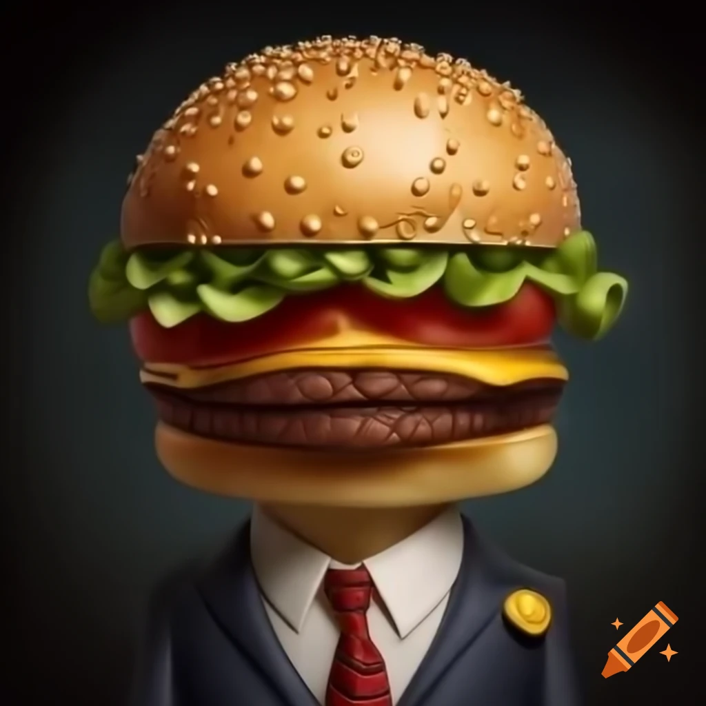 Photo-realistic caricature of a person as a giant golden cheeseburger ...