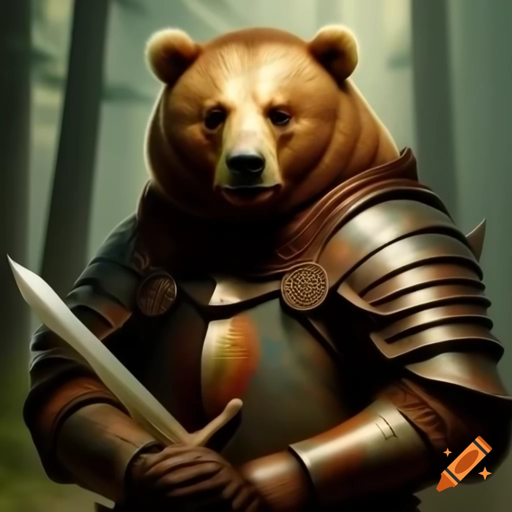 Medieval tapestry featuring bear in copper armor with emerald in pine ...