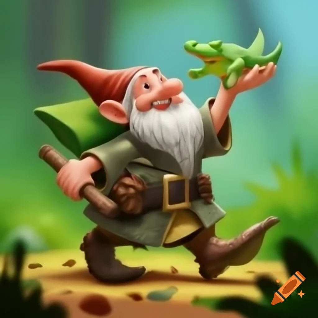 Skinny dwarf jogging with flying crocodile in a forest on Craiyon