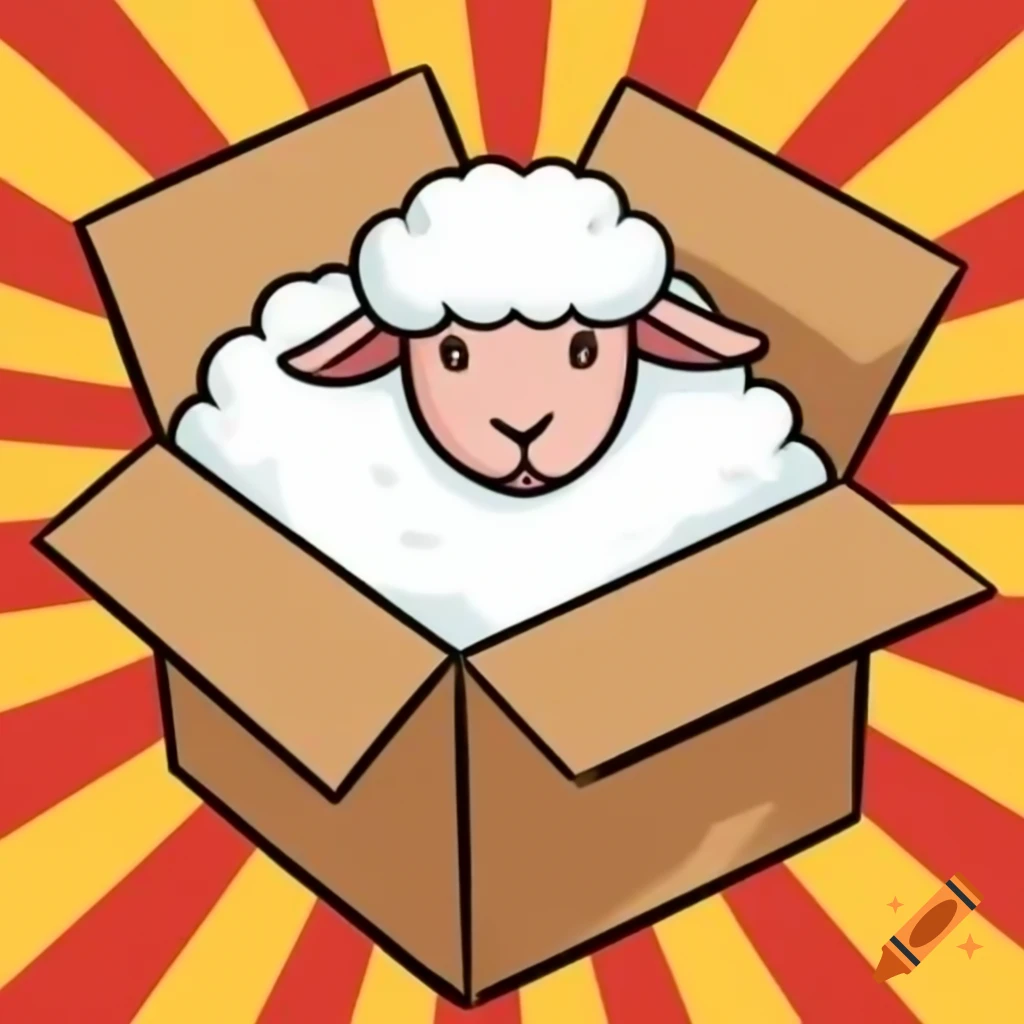 Sheep in cardboard box in pop-art style drawing on Craiyon