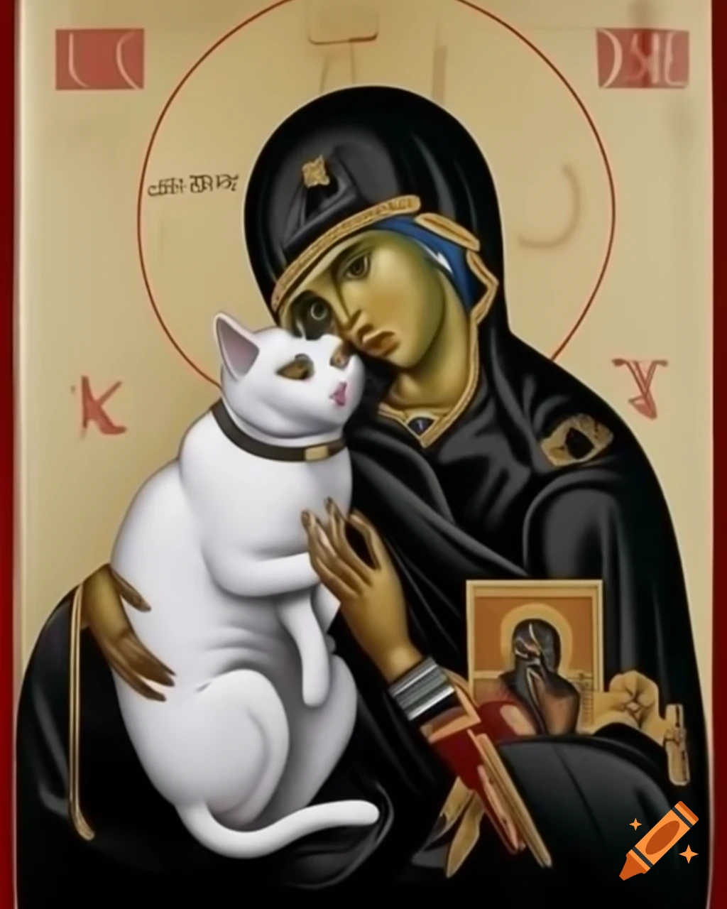 Realistic orthodox icon style cat depicted with glory on Craiyon