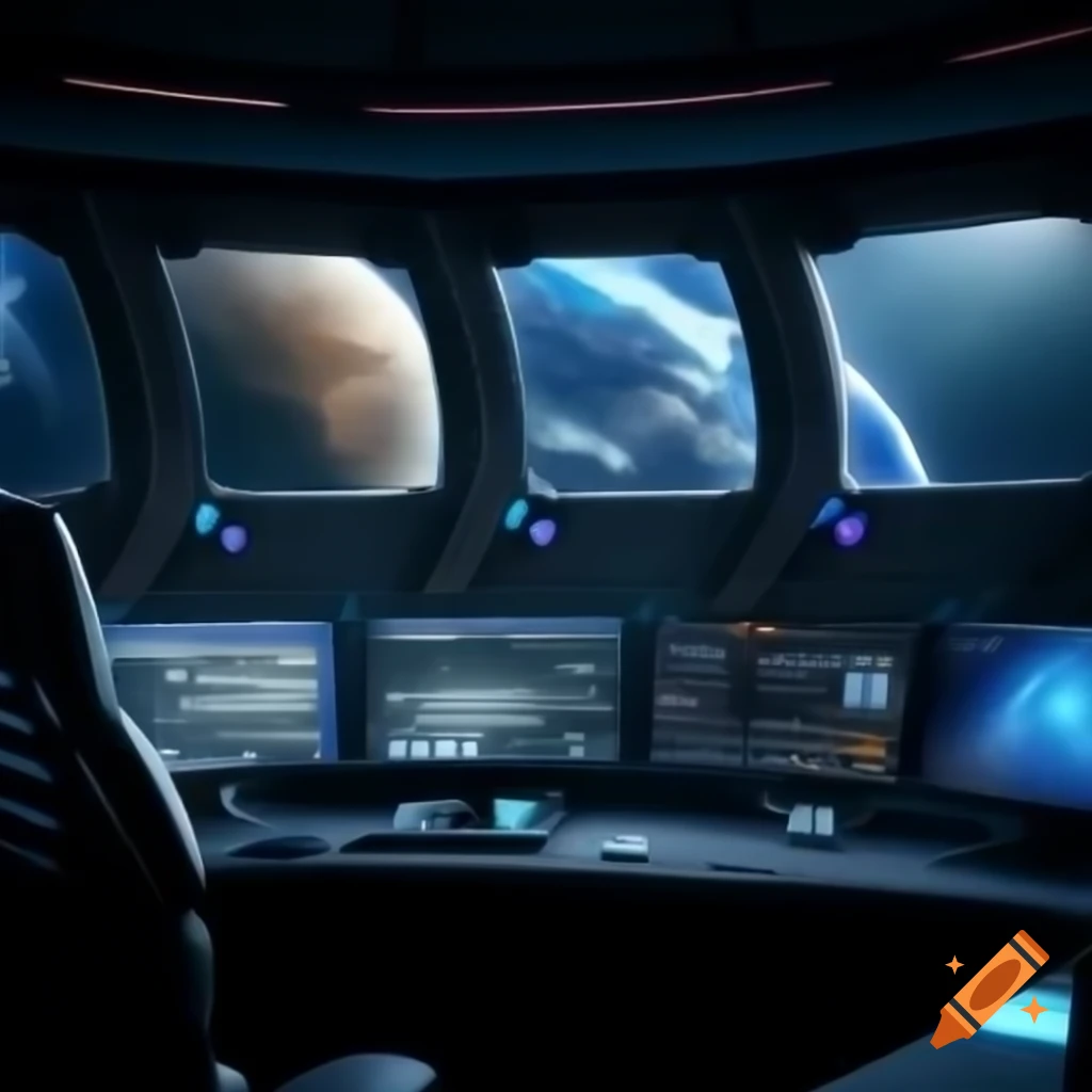 Futuristic starship control room with holographic displays and glowing ...