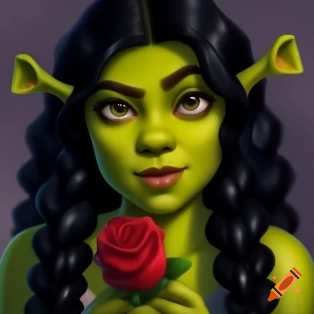 Fiona from Shrek smiling with black hair holding a red rose on Craiyon
