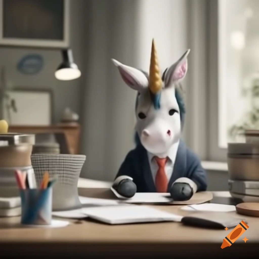 Unicorn at desk working on computer with organized binders and papers ...