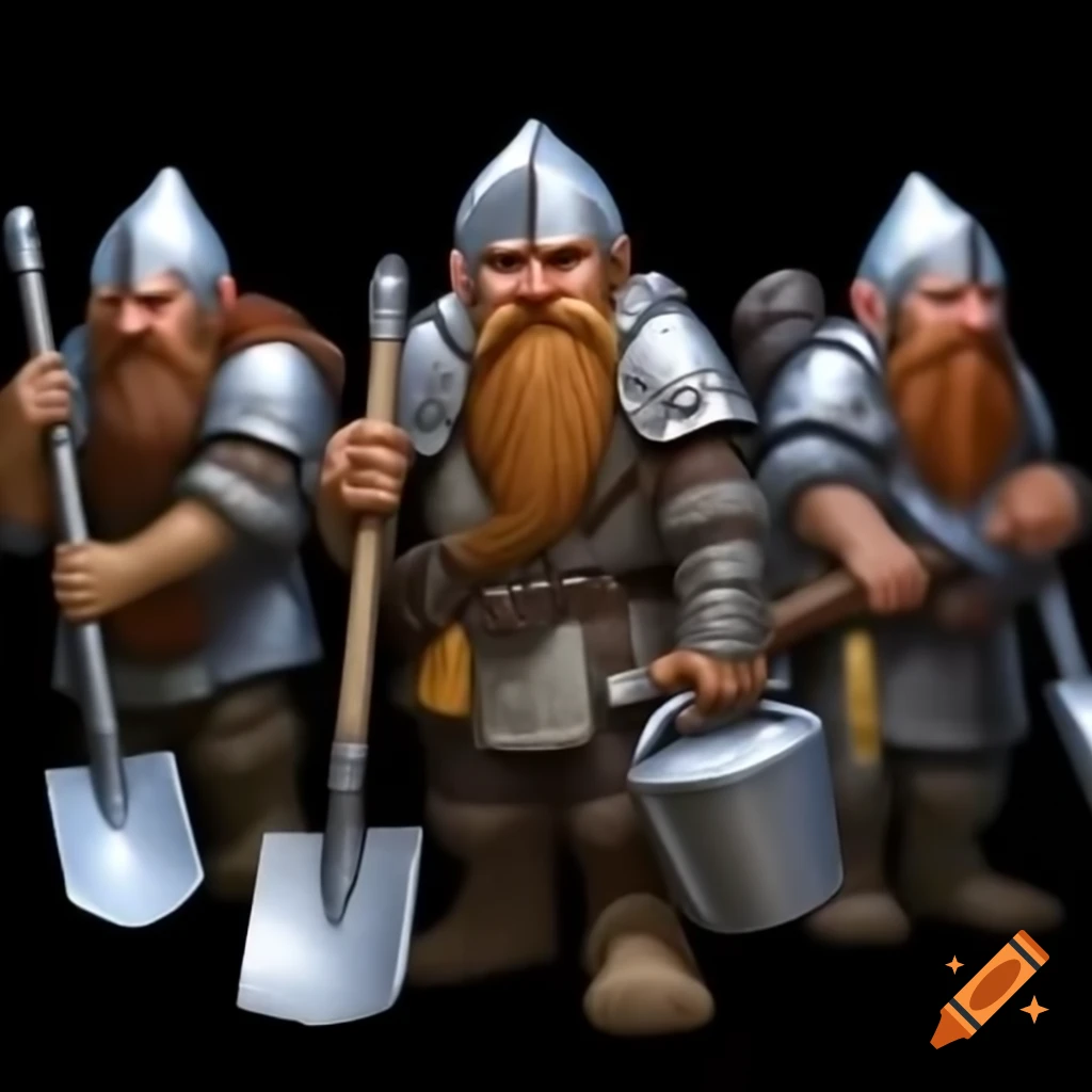 Group of armored dwarfs with silver shovels and buckets on Craiyon