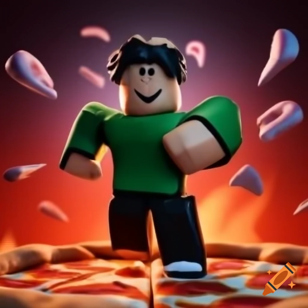Roblox character running from a mischievous pizza on Craiyon