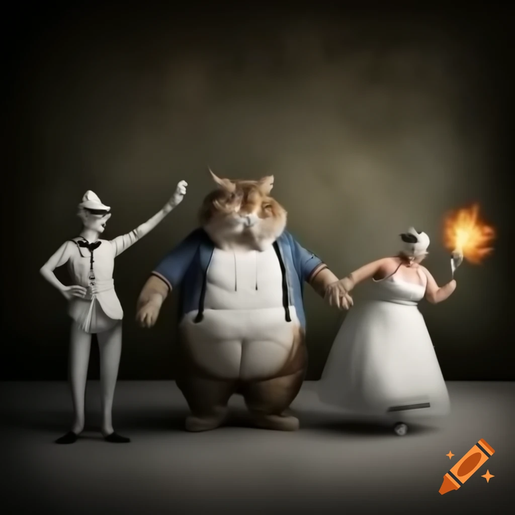 Three comical fat cats with historical figures and a mime causing chaos ...