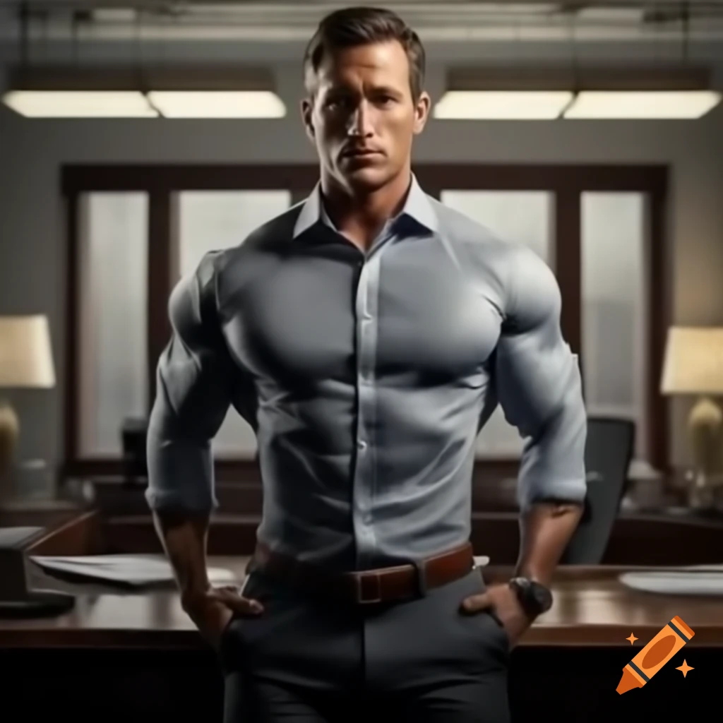 Muscular CEO in suit standing in office, showcasing strength and ...
