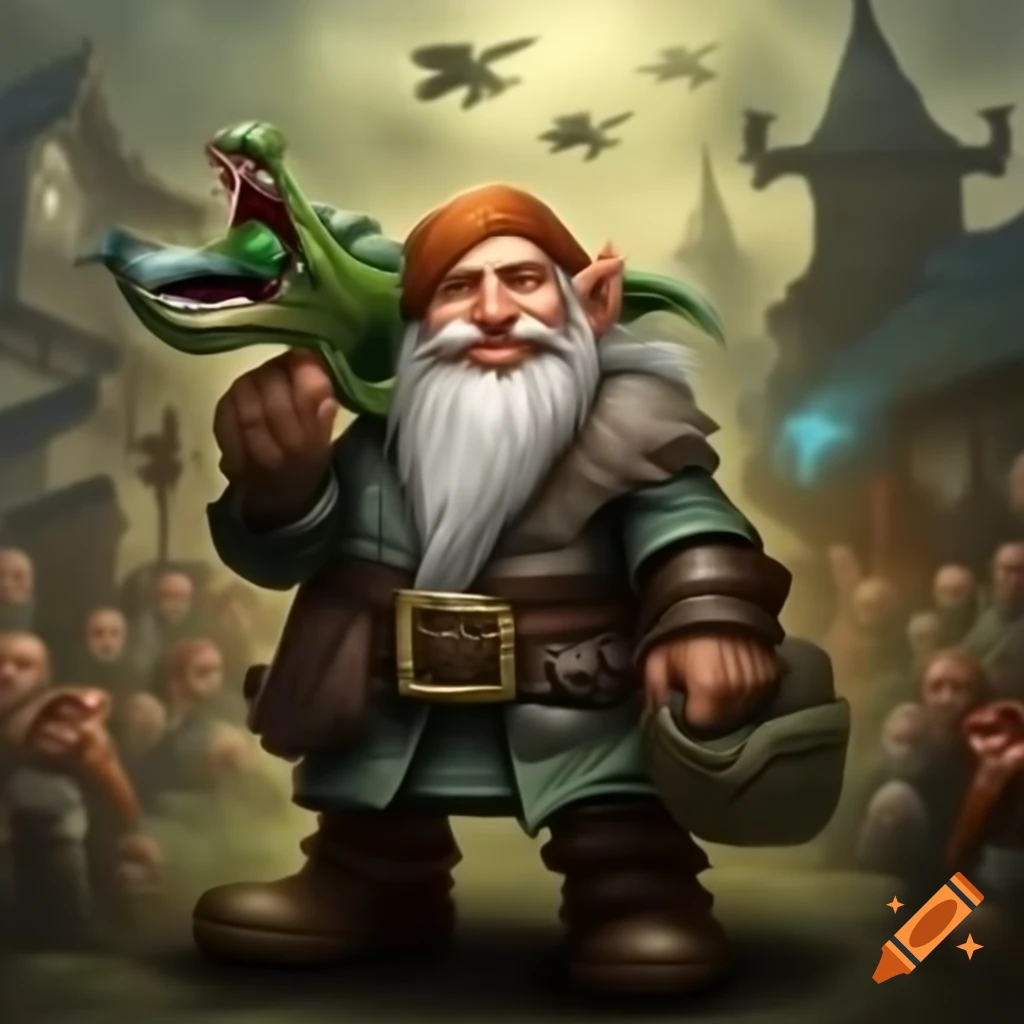 Skinny dwarf with flying crocodile in town surrounded by fellow dwarves ...
