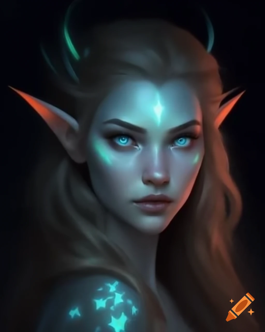 Mystical elf princess with luminous skin and flowing calico hair on Craiyon