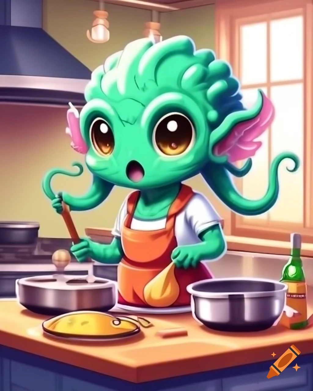 Playful female Cthulhu character hosting cooking show in modern kitchen ...