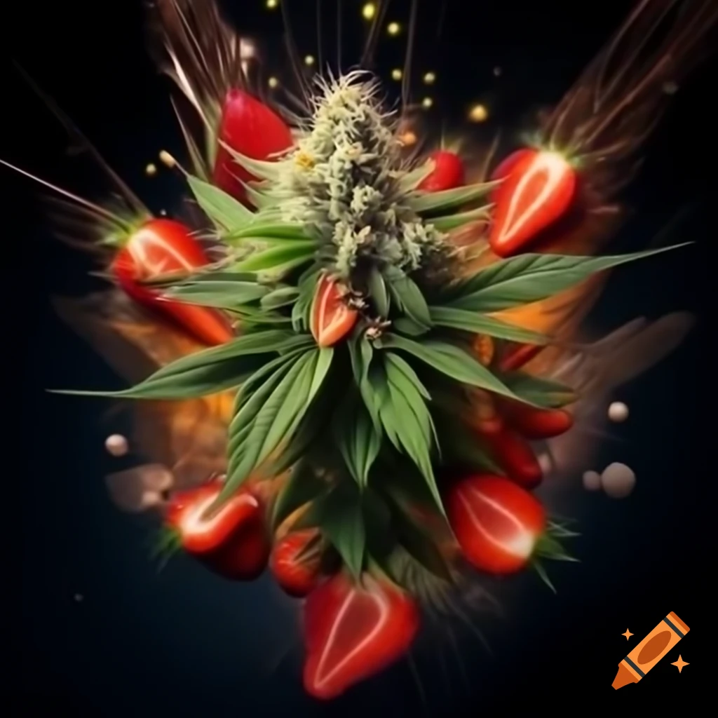 Vibrant cannabis flower with exploding strawberries on Craiyon