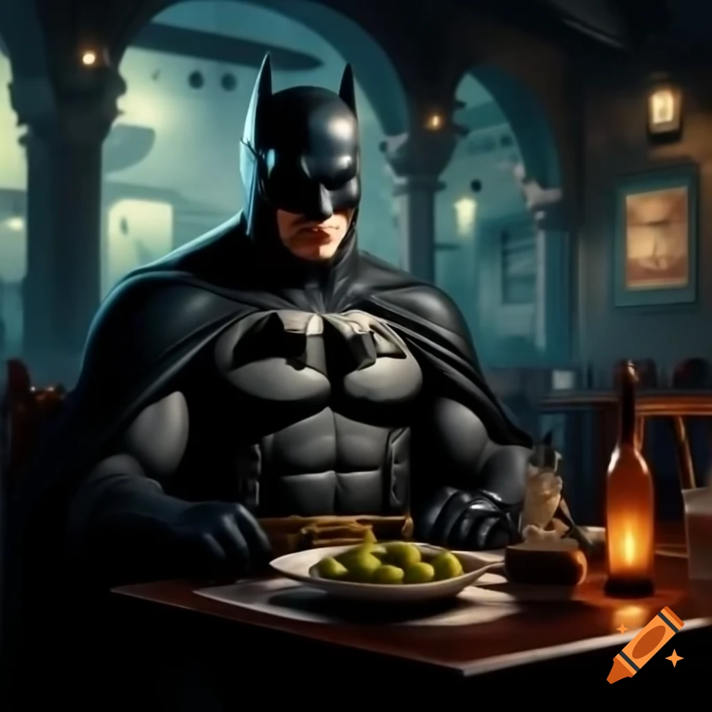 Batman in Greek taverna with tsipouro, olives, and octopus, comic book ...